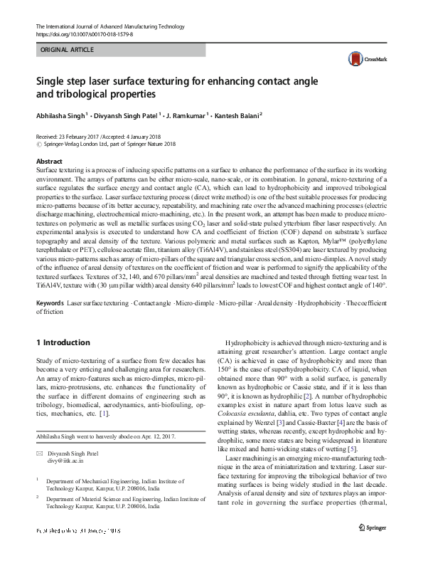 Pdf Single Step Laser Surface Texturing For Enhancing Contact Angle And Tribological