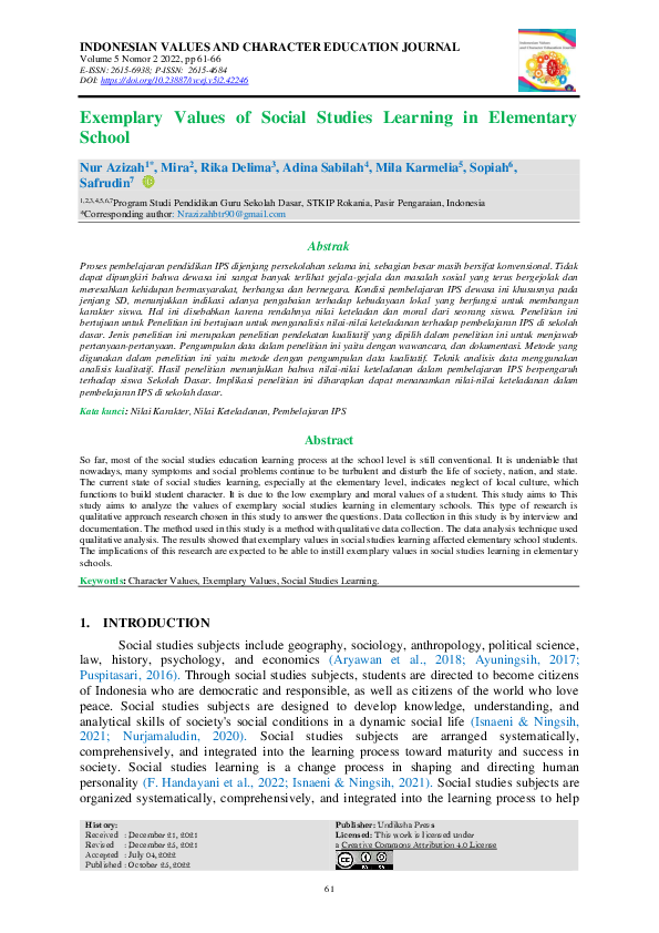 (PDF) Exemplary Values of Social Studies Learning in Elementary School