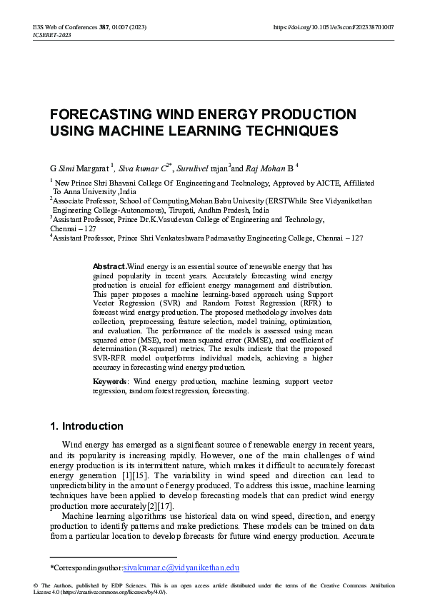 (PDF) Forecasting Wind Energy Production Using Machine Learning Techniques