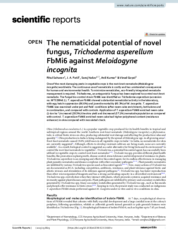 (PDF) The nematicidal potential of novel fungus, Trichoderma asperellum ...