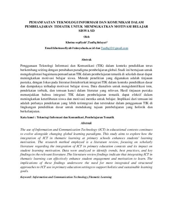 (PDF) PEMANFAATAN TEKNOLOGI INFORMASI DAN KOMUNIKASI DALAM PEMBELAJARAN TEMATIK UNTUK ...