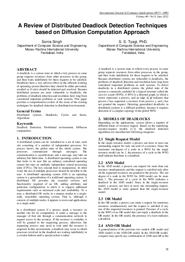 (PDF) A Review of Distributed Deadlock Detection Techniques based on Diffusion Computation Approach