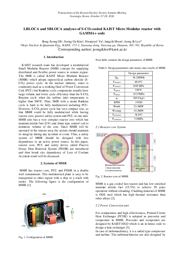 (PDF) LBLOCA and SBLOCA analyses of S-CO2 cooled KAIST Micro Modular ...