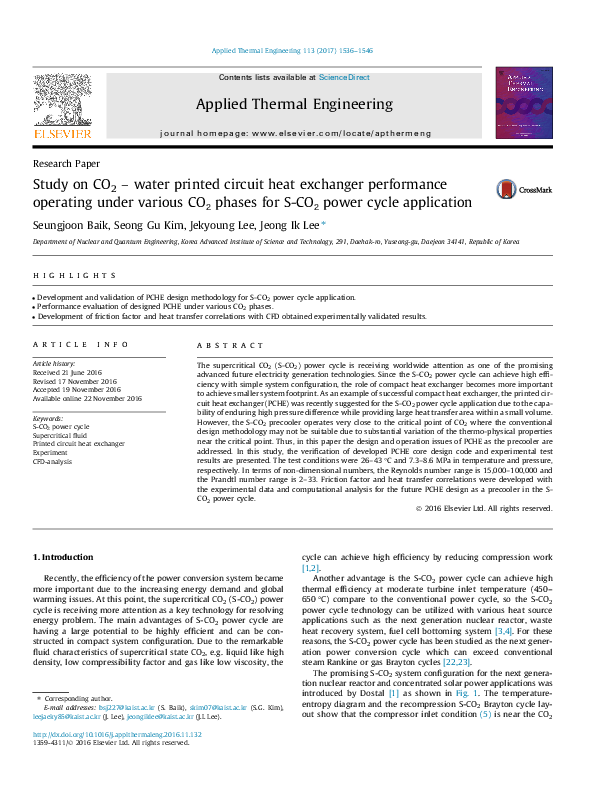 (PDF) Study on CO2 – water printed circuit heat exchanger performance ...