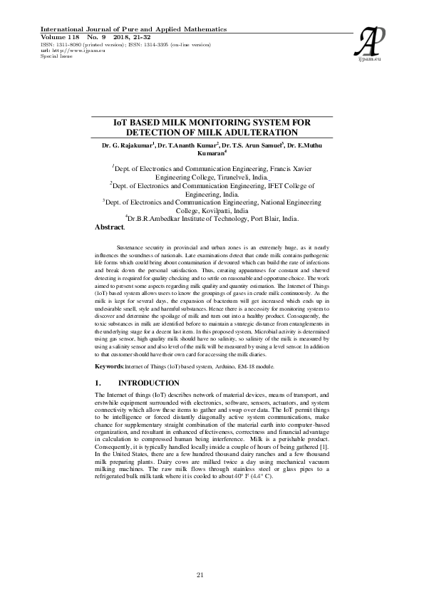 (PDF) IoT BASED MILK MONITORING SYSTEM FOR DETECTION OF MILK ADULTERATION