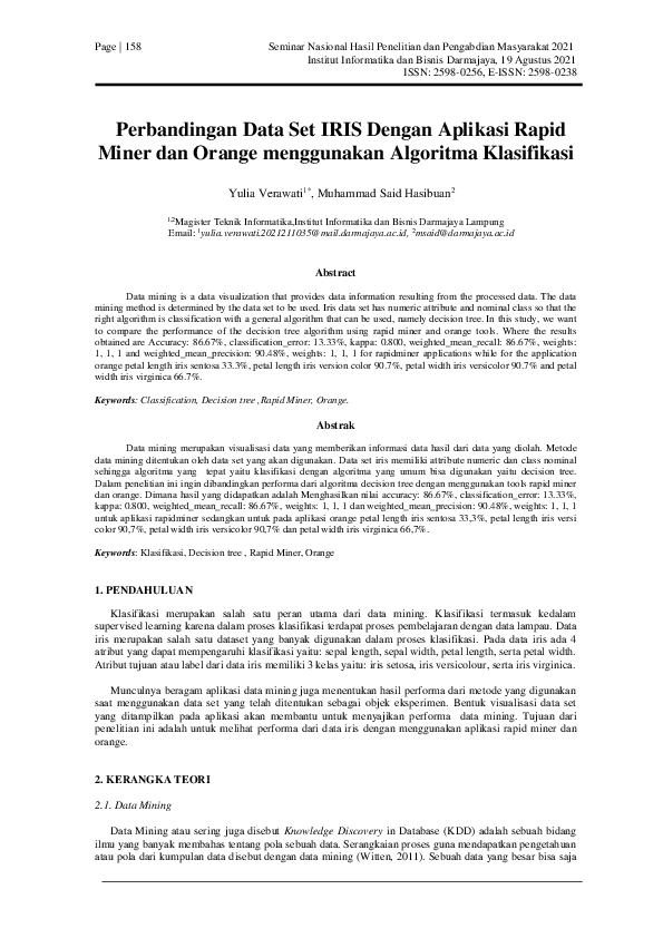 (PDF) Perbandingan Data Set IRIS Dengan Aplikasi Rapid Miner dan Orange menggunakan Algoritma ...