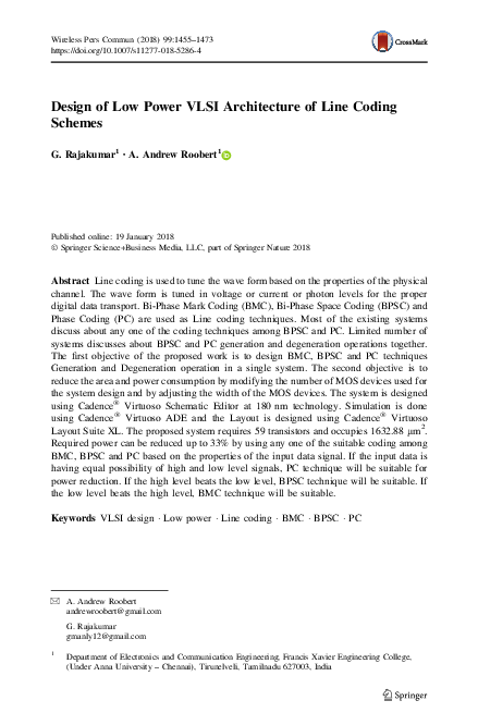 Pdf Design Of Low Power Vlsi Architecture Of Line Coding Schemes 