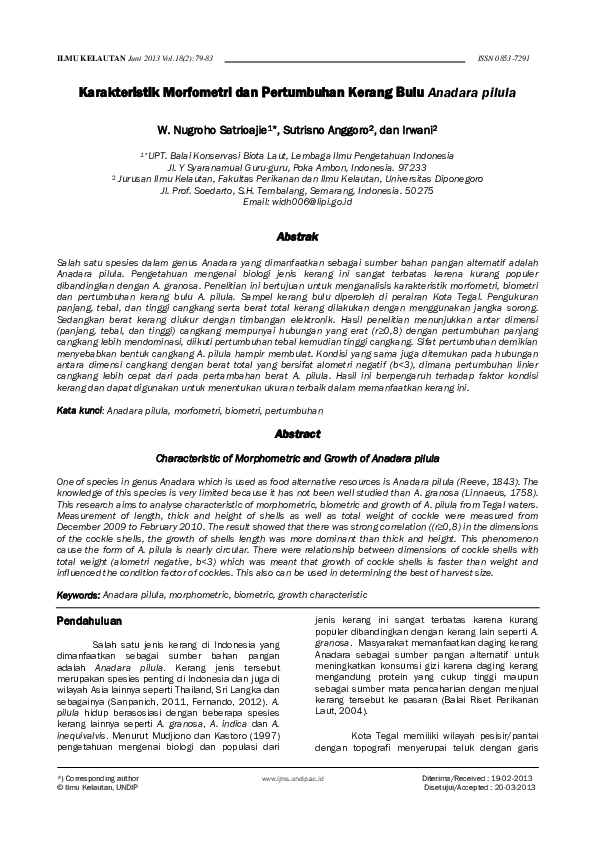 (PDF) Karakteristik Morfometri dan Pertumbuhan Kerang Bulu Anadara ...
