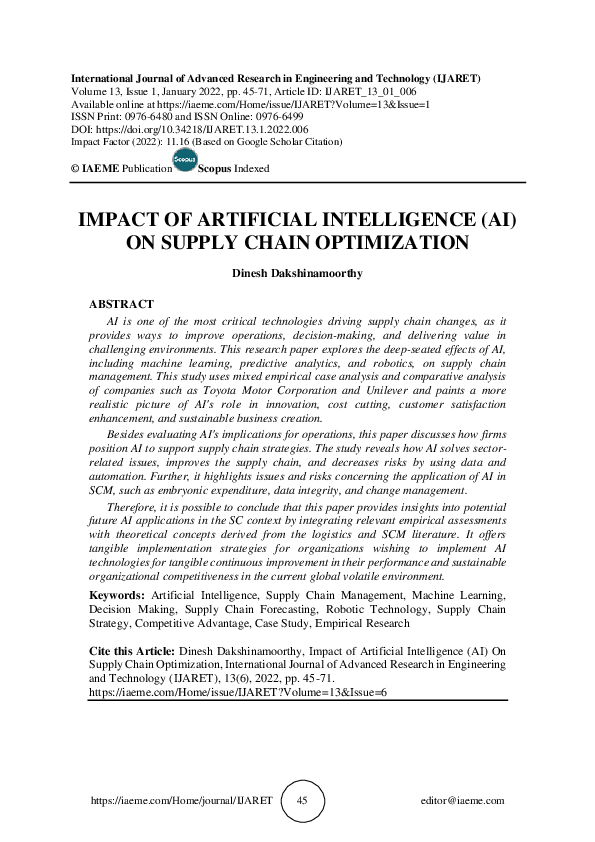 Pdf Impact Of Artificial Intelligence Ai On Supply Chain Optimization