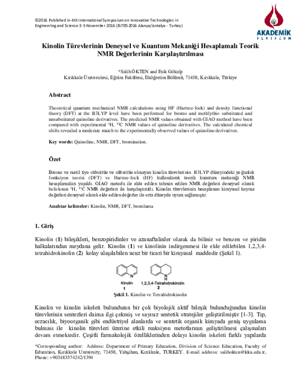 (PDF) Kinolin Türevlerinin Deneysel ve Kuantum Mekaniği Hesaplamalı ...