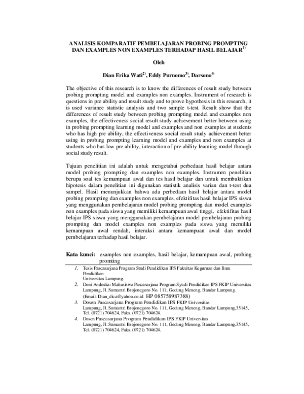 (PDF) Analisis Komparatif Pembelajaran Probing Prompting Dan Examples Non Examples Terhadap ...