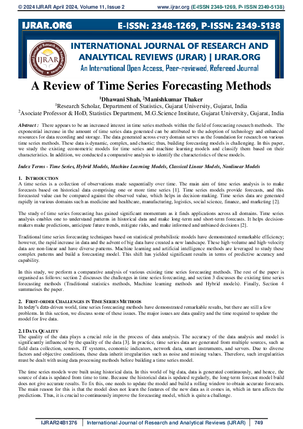 Pdf A Review Of Time Series Forecasting Methods