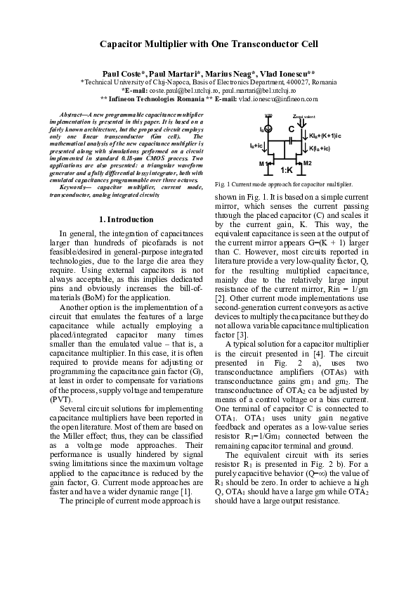 (PDF) Capacitor Multiplier with One Transconductor Cell