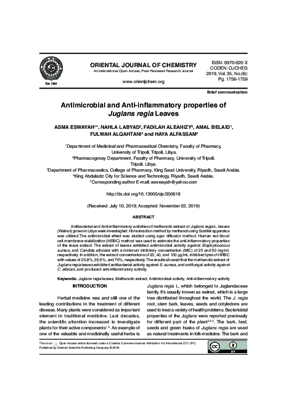(PDF) Antimicrobial and Anti-inflammatory properties of Juglans Regia Leaves