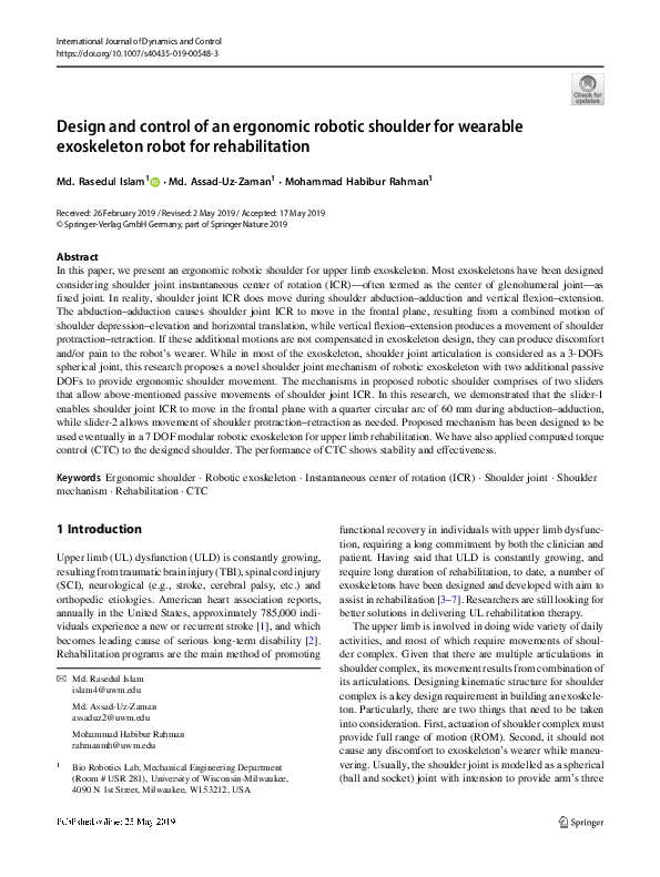 (PDF) Design and control of an ergonomic robotic shoulder for wearable ...