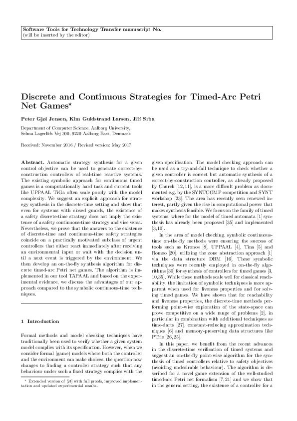 (PDF) Discrete and continuous strategies for timed-arc Petri net games