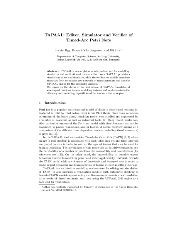 (PDF) TAPAAL: Editor, Simulator and Verifier of Timed-Arc Petri Nets