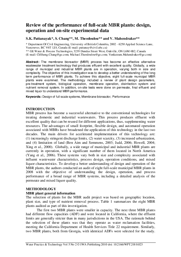 (PDF) Review of the performance of full-scale MBR plants: design, operation and on-site ...