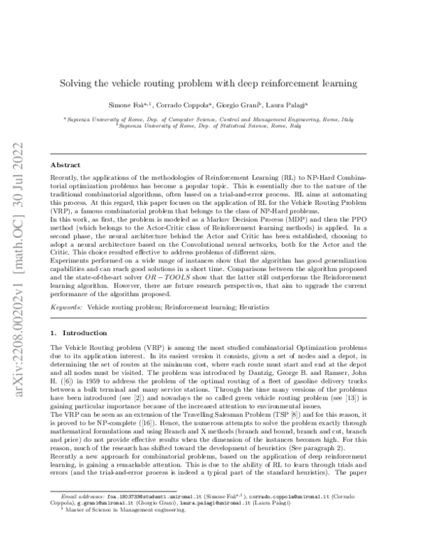 (PDF) Solving the vehicle routing problem with deep reinforcement learning