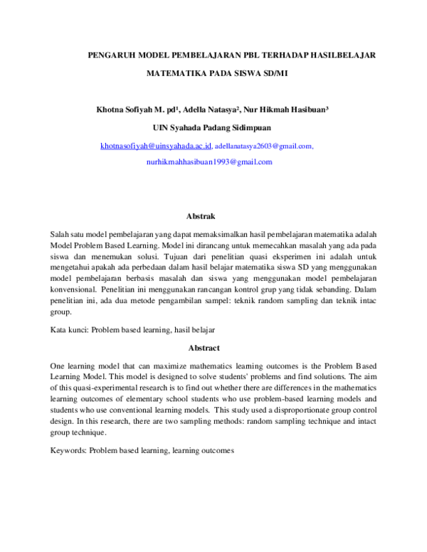 (PDF) PENGARUH MODEL PEMBELAJARAN PBL TERHADAP HASILBELAJAR MATEMATIKA ... (PDF) PENGARUH MODEL PEMBELAJARAN PBL TERHADAP HASILBELAJAR MATEMATIKA ...