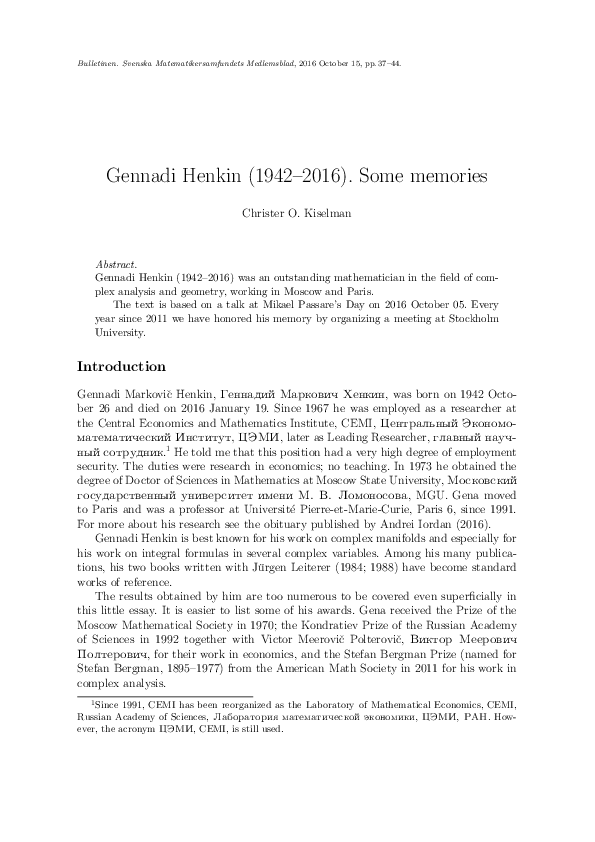 (PDF) Gennadi Henkin (1942–2016) : Some memories