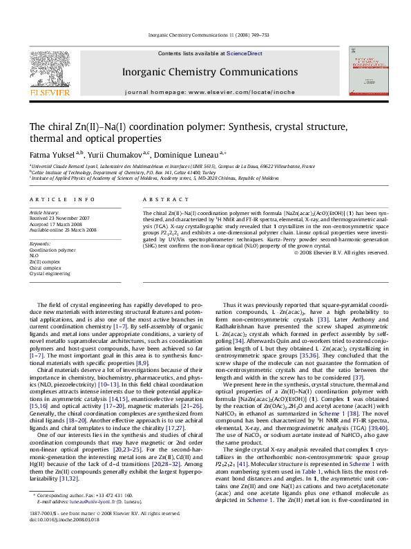 The chiral Zn(II)–Na(I) coordination polymer: Synthesis, crystal structure, thermal and optical ...