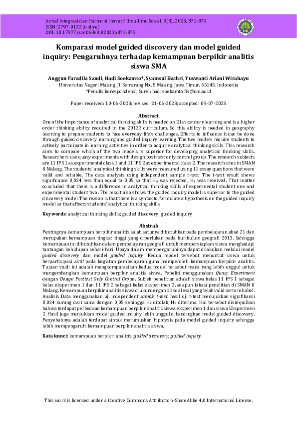 (PDF) Komparasi model guided discovery dan model guided inquiry: Pengaruhnya terhadap kemampuan ...
