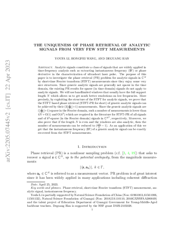 (PDF) Phase retrieval of analytic signals from short-time Fourier transform measurements