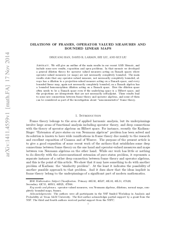 (PDF) Dilations of frames, operator valued measures and bounded linear maps