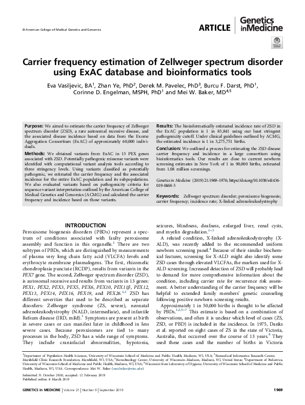 (PDF) Carrier frequency estimation of Zellweger spectrum disorder using ...