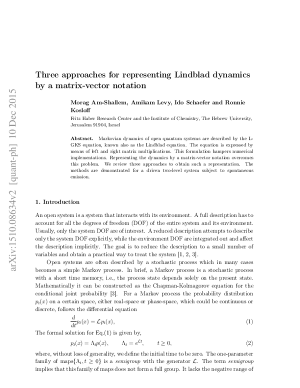(PDF) Three approaches for representing Lindblad dynamics by a matrix-vector notation