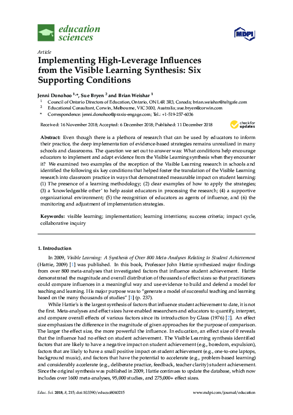 (PDF) Implementing High-Leverage Influences from the Visible Learning ...