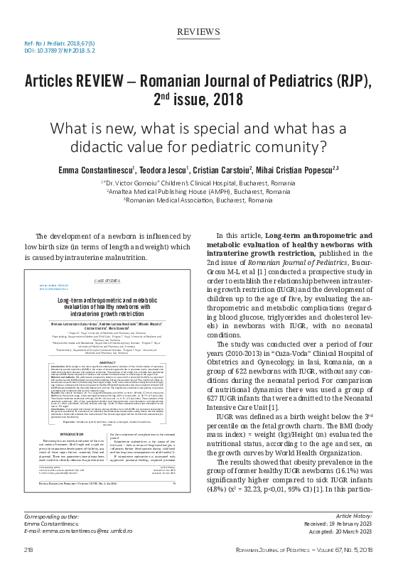 (PDF) Articles REVIEW – Romanian Journal of Pediatrics (RJP), 2nd issue ...