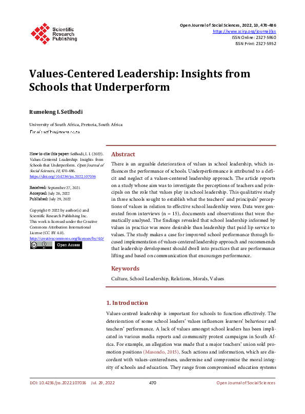(PDF) Values-Centered Leadership: Insights from Schools that Underperform