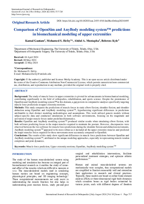 (PDF) Comparison of OpenSim and AnyBody modeling system™ predictions in ...