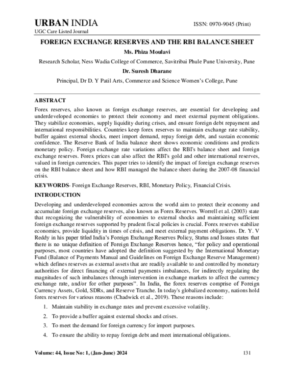 (PDF) FOREIGN EXCHANGE RESERVES AND THE RBI BALANCE SHEET