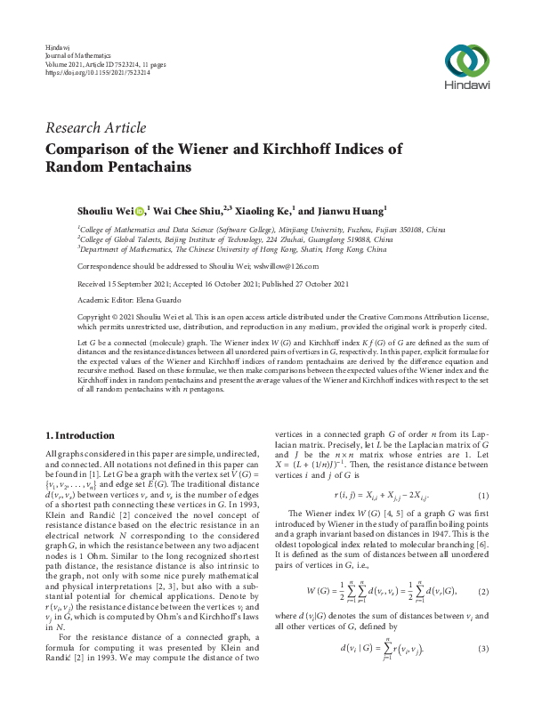 (PDF) Comparison of the Wiener and Kirchhoff Indices of Random Pentachains