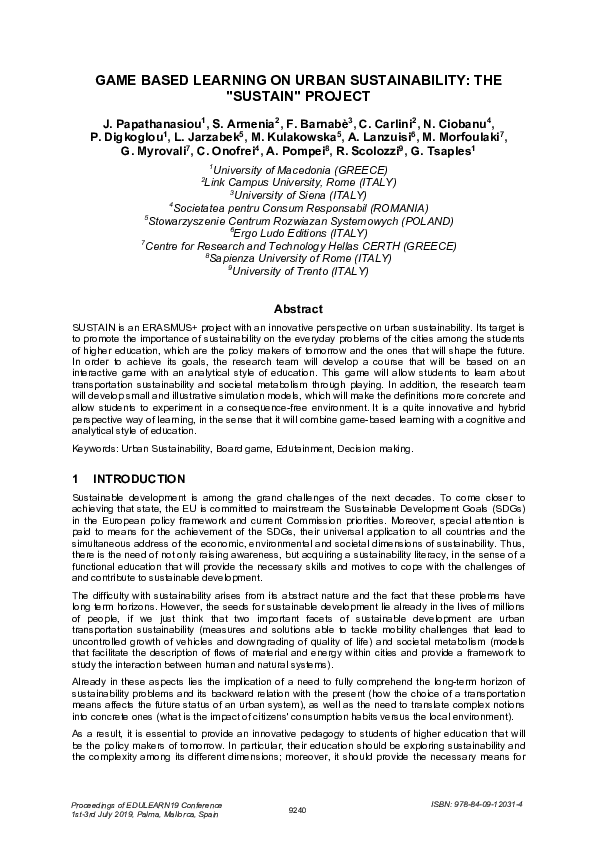 (PDF) Game Based Learning on Urban Sustainability: The "Sustain" Project