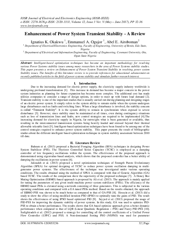 (PDF) Enhancement of Power System Transient Stability - A Review