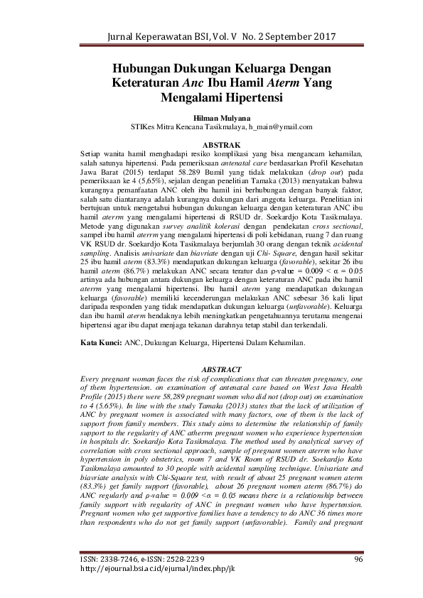 (PDF) Hubungan Dukungan Keluarga Dengan Keteraturan Anc Ibu Hamil Aterm Yang Mengalami Hipertensi