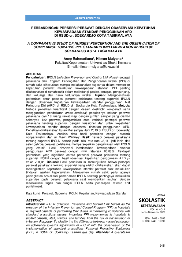 (PDF) HUBUNGAN PERSEPSI PERAWAT TENTANG SUPERVISI IPCLN DENGAN KEPATUHAN KEWASPADAAN STANDAR ...