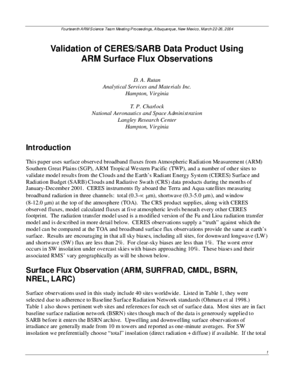 (PDF) Validation of CERES/SARB data product using ARM surface flux ...
