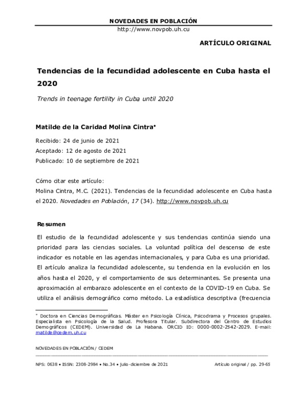 (PDF) Tendencias de la fecundidad adolescente en Cuba hasta el 2020 ...