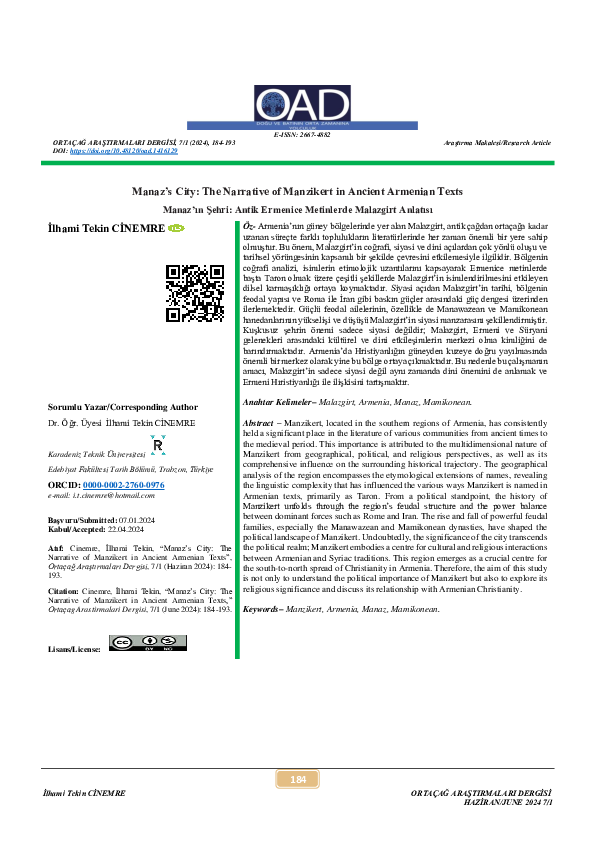 (PDF) Manaz's City: The Narrative of Manzikert in Ancient Armenian ...