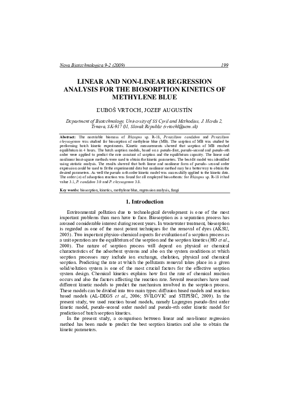 (PDF) Linear and non-linear regression analysis for the biosorption kinetics of methylene blue ...