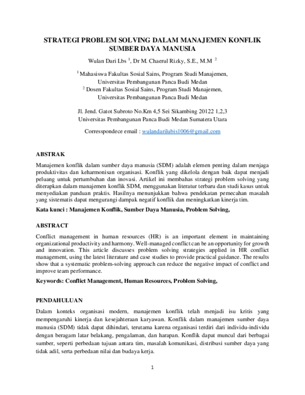 (PDF) STRATEGI PROBLEM SOLVING DALAM MANAJEMEN KONFLIK SUMBER DAYA MANUSIA