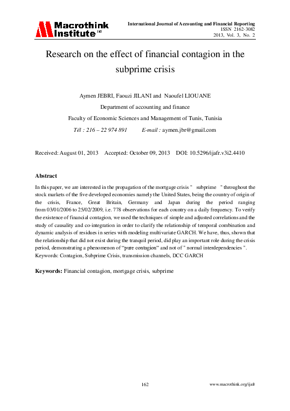 (PDF) Research on the effect of financial contagion in the subprime crisis
