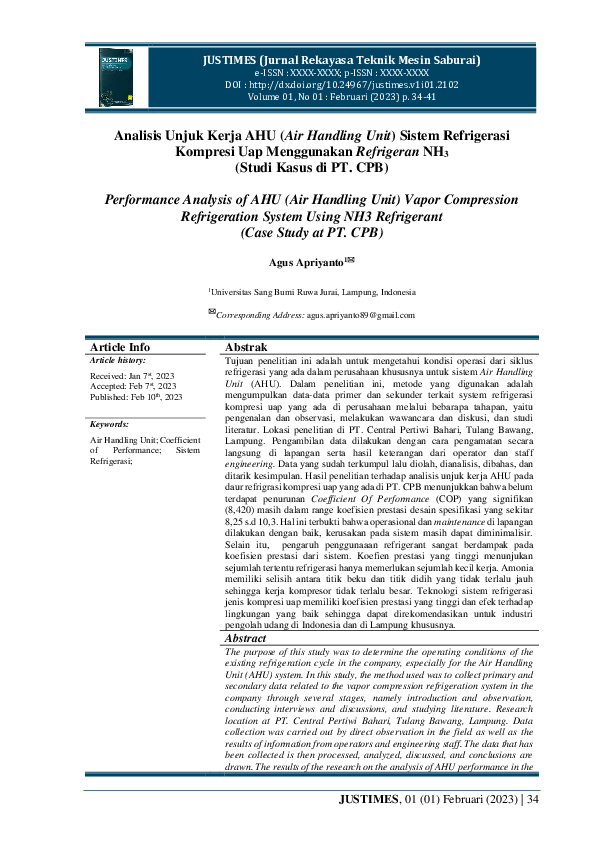 (PDF) Analisis Unjuk Kerja AHU (Air Handling Unit) Sistem Refrigerasi Kompresi Uap Menggunakan ...