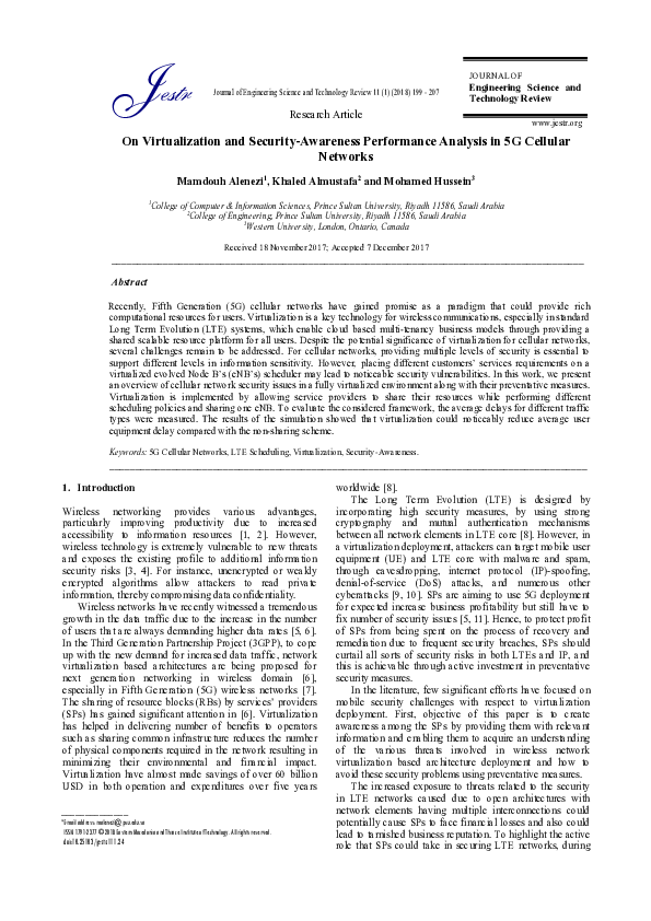 (PDF) On Virtualization and Security-Awareness Performance Analysis in 5G Cellular Networks