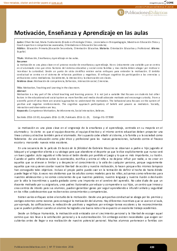 (PDF) Motivation, Teaching and Learning in the classroom